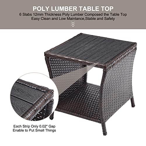 Outdoor Side Table for Patio Small Rattan Wicker Coffee Table Balcony Table Outside End Table with Poly Lumber Table Top & Storage Bistro Table for Garden Pouch Deck Living Room Backyard Brown