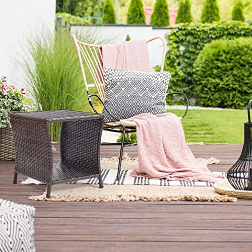 Outdoor Side Table for Patio Small Rattan Wicker Coffee Table Balcony Table Outside End Table with Poly Lumber Table Top & Storage Bistro Table for Garden Pouch Deck Living Room Backyard Brown