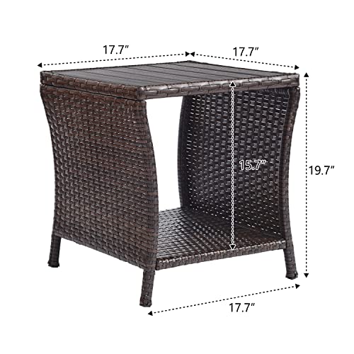 Outdoor Side Table for Patio Small Rattan Wicker Coffee Table Balcony Table Outside End Table with Poly Lumber Table Top & Storage Bistro Table for Garden Pouch Deck Living Room Backyard Brown