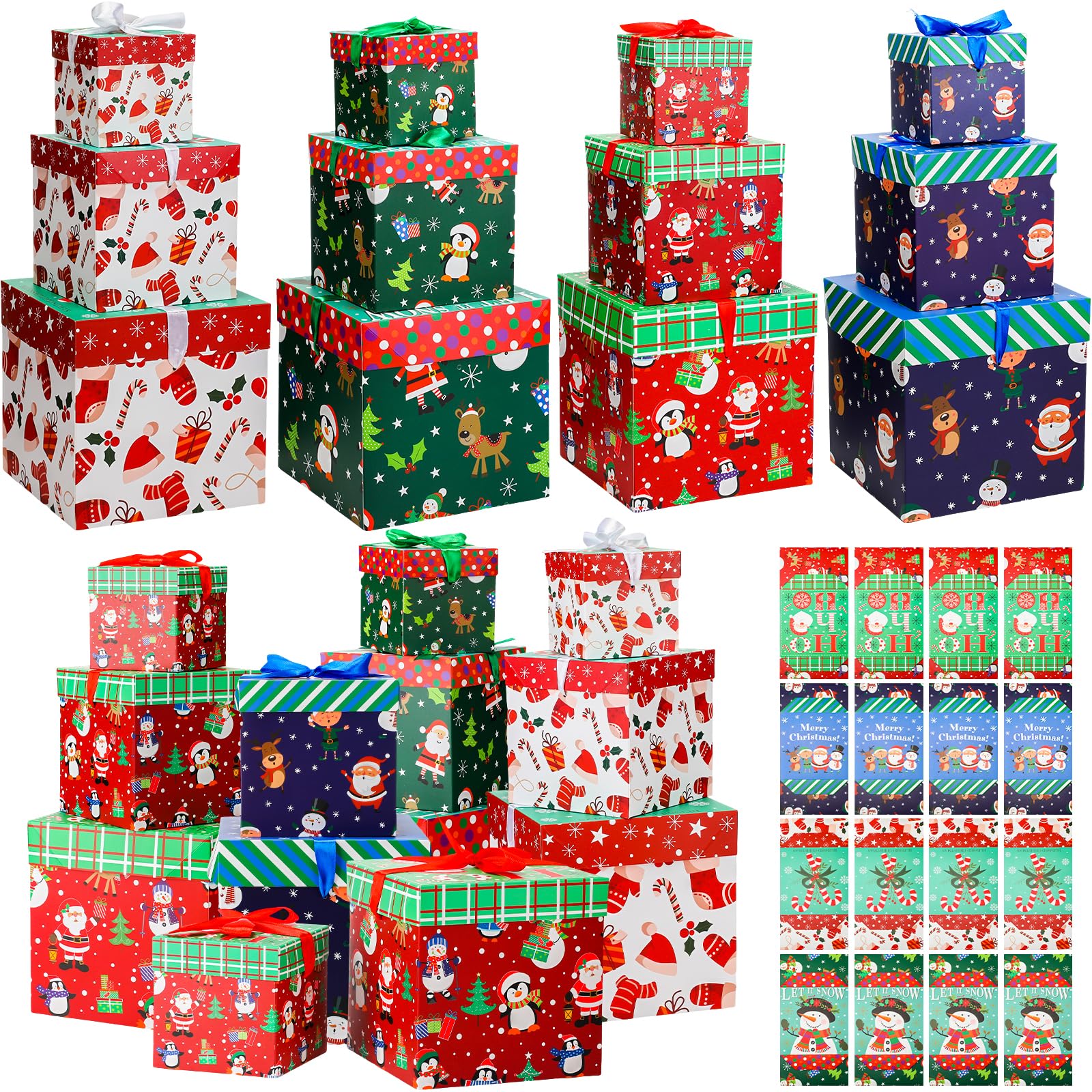 Tenceur 8 Sets Christmas Nesting Gift Boxes with Lids 3 Assorted Sizes Stackable Nested Xmas Boxes with Bows Decorative Stacking Square Present Box for Xmas Holiday Gift, 4 Styles