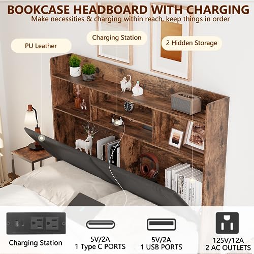 Alohappy Full Size Bed Frame with 51” Storage Headboard, Wooden Platform Bed Frame with Chargig Ports & LED Lights, Upholstered LED Bed Frame, No Box Spring Needed