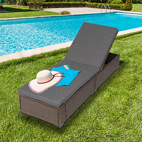 Kinsunny Outdoor PE Wicker Lounge Chair Patio Reclining Chair Furniture Set Beach Pool Adjustable Backrest Recliners with Dark Grey Cushions