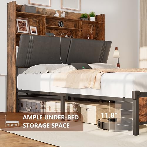 Alohappy Full Size Bed Frame with 51” Storage Headboard, Wooden Platform Bed Frame with Chargig Ports & LED Lights, Upholstered LED Bed Frame, No Box Spring Needed