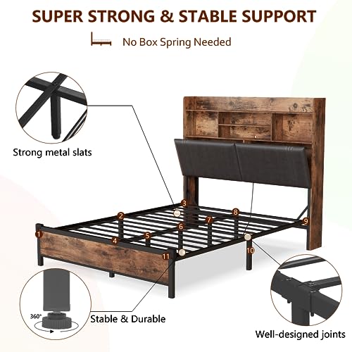 Alohappy Full Size Bed Frame with 51” Storage Headboard, Wooden Platform Bed Frame with Chargig Ports & LED Lights, Upholstered LED Bed Frame, No Box Spring Needed