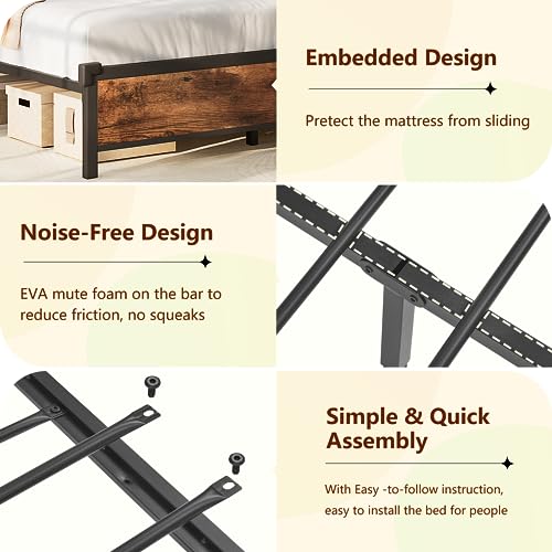 Alohappy Full Size Bed Frame with 51” Storage Headboard, Wooden Platform Bed Frame with Chargig Ports & LED Lights, Upholstered LED Bed Frame, No Box Spring Needed