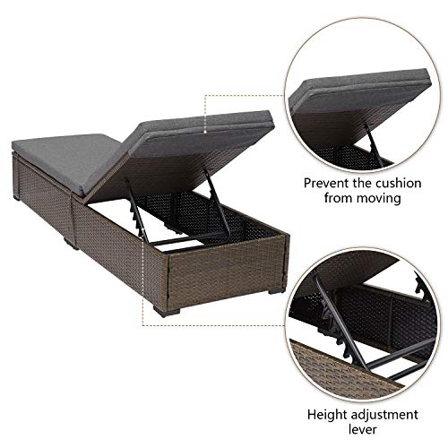 Kinsunny Outdoor PE Wicker Lounge Chair Patio Reclining Chair Furniture Set Beach Pool Adjustable Backrest Recliners with Dark Grey Cushions