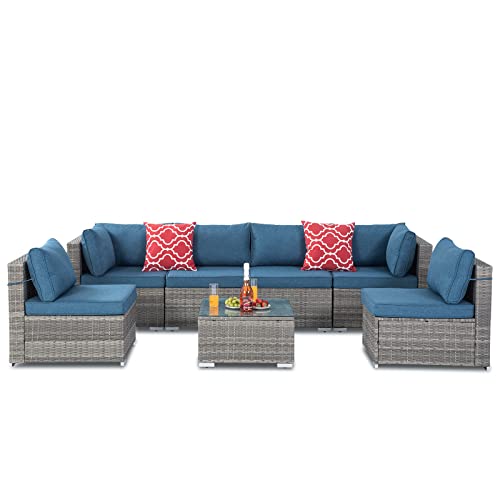 VONZOY 7 Pieces Patio Furniture Set, Outdoor Sectional Sofa Couch, Grey Wicker Rattan Patio Conversation Set with Cushions and Table (Blue)