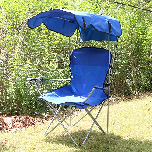 PLKO Camping Chairs with Canopy, Portable Quad Lawn Chair for Adults, Folding Recliner Chair with Cup Holder Outdoor Events and Shade,Support 350 LBS,Light Blue