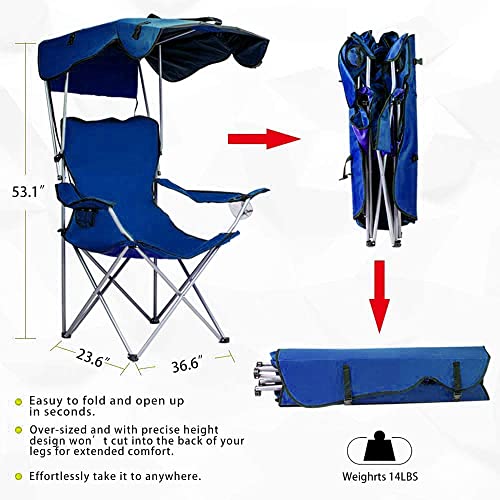 PLKO Camping Chairs with Canopy, Portable Quad Lawn Chair for Adults, Folding Recliner Chair with Cup Holder Outdoor Events and Shade,Support 350 LBS,Light Blue