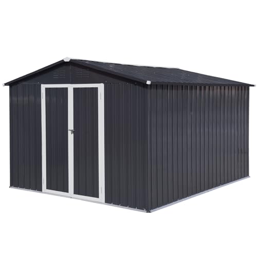 Goohome 8x10 FT Sheds & Outdoor Storage,Sturdy Metal Galvanized Steel Garden Storage Shed W/Lockable Sliding Doors,Built-in-Handles,Shutter Air Vents,Waterproof Spacious Utility Tool Storage Bike Shed
