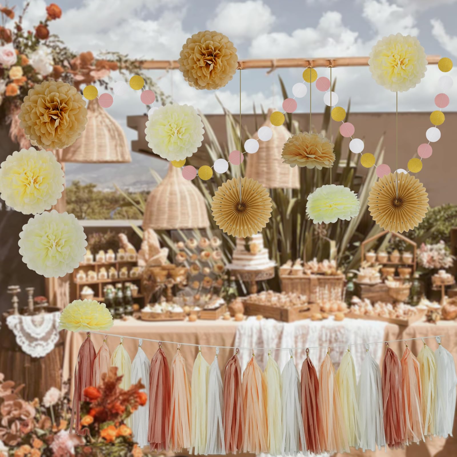 Envibe Boho Party Decor, Paper Pom Poms for Bridal Shower, Wedding, Baby Shower, Engagement Party, Boho Birthday Decorations, 32 Pcs Paper Flowers Decorations for Party.