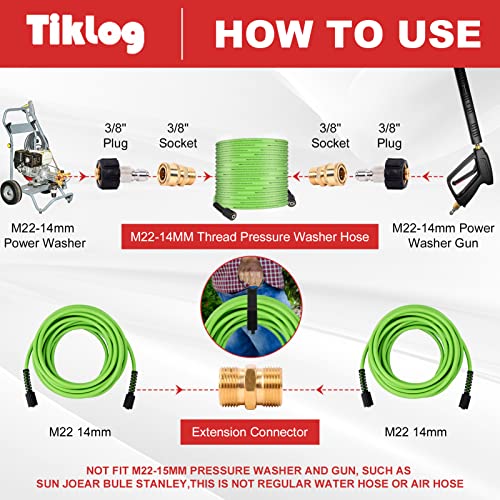 Pressure Washer Hose 100FT 1/4โ, 4000 PSI Kink Resistant High Pressure Hose M22 14mm Thread, Flexible Extension Replacement Hose with 3/8 Quick Connect Adapters for Power Washing