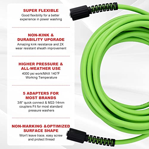Pressure Washer Hose 100FT 1/4โ, 4000 PSI Kink Resistant High Pressure Hose M22 14mm Thread, Flexible Extension Replacement Hose with 3/8 Quick Connect Adapters for Power Washing