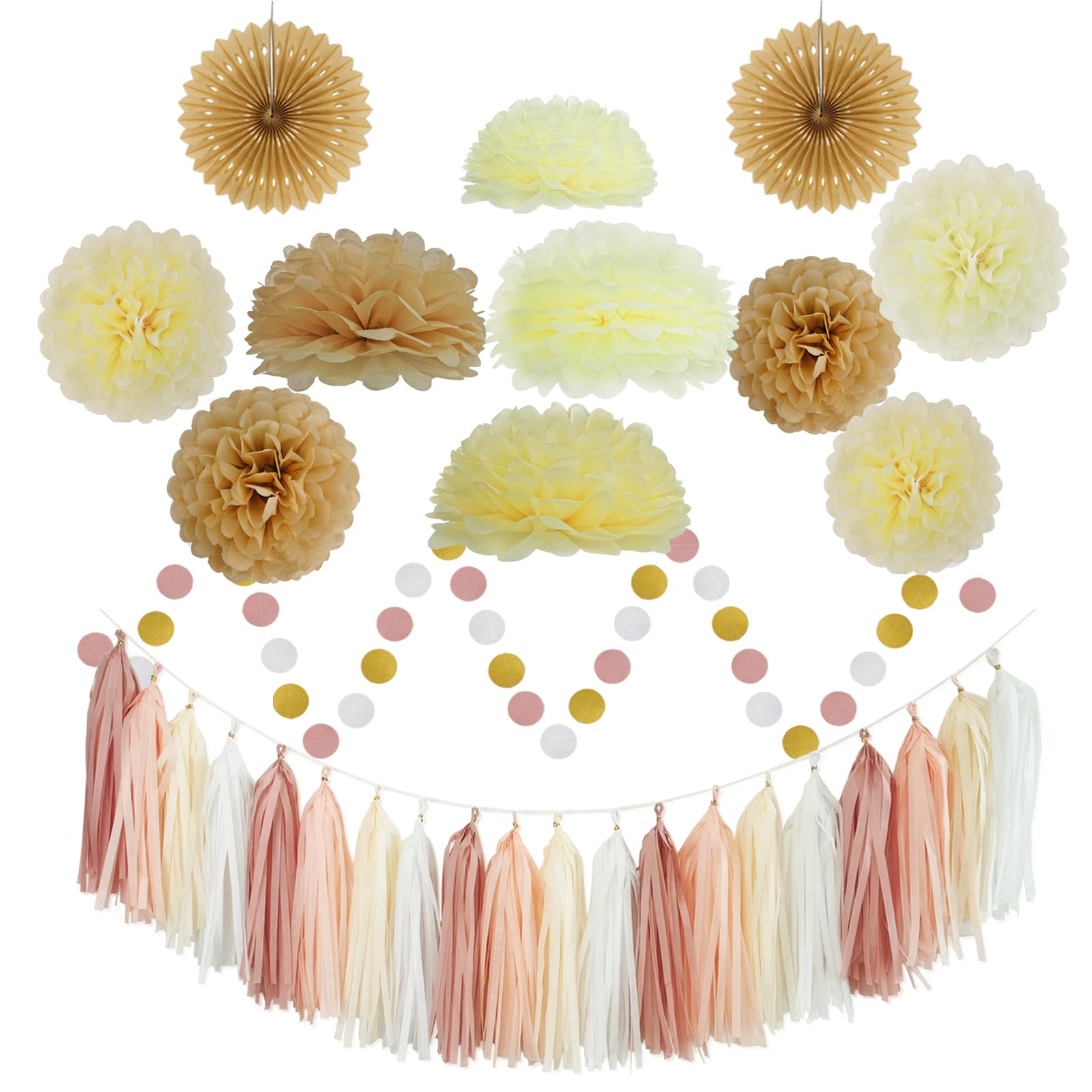 Envibe Boho Party Decor, Paper Pom Poms for Bridal Shower, Wedding, Baby Shower, Engagement Party, Boho Birthday Decorations, 32 Pcs Paper Flowers Decorations for Party.