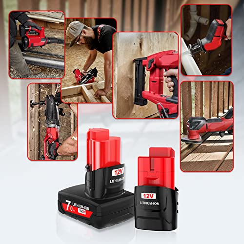 Bonacell 2 Pack Replacement for Milwaukee 12V Battery 3.0Ah and 7.0Ah Lithium Battery Packs Compatible with Milwaukee M12 Battery and Charger Kit