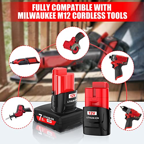 Bonacell 2 Pack Replacement for Milwaukee 12V Battery 3.0Ah and 7.0Ah Lithium Battery Packs Compatible with Milwaukee M12 Battery and Charger Kit