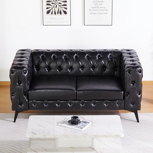Chesterfield Loveseat, Modern Faux Leather Button Tufted Accent Sofa Couch with Square Arms and Metal Legs for Living Room, Bedroom, Office, Apartment (Black)