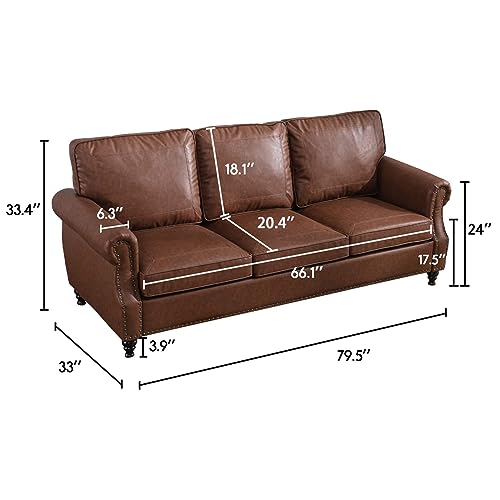 Dreamsir 79'' Traditional Faux Leather Sofa Couch with Nailhead Trim, Classic 3-Seater Couch with Rolled Arm for Living Room, Bedroom, Apartment, Easy Assembly (Coffee)