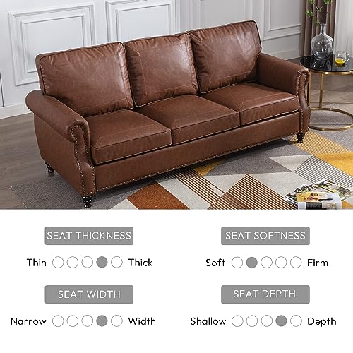 Dreamsir 79'' Traditional Faux Leather Sofa Couch with Nailhead Trim, Classic 3-Seater Couch with Rolled Arm for Living Room, Bedroom, Apartment, Easy Assembly (Coffee)