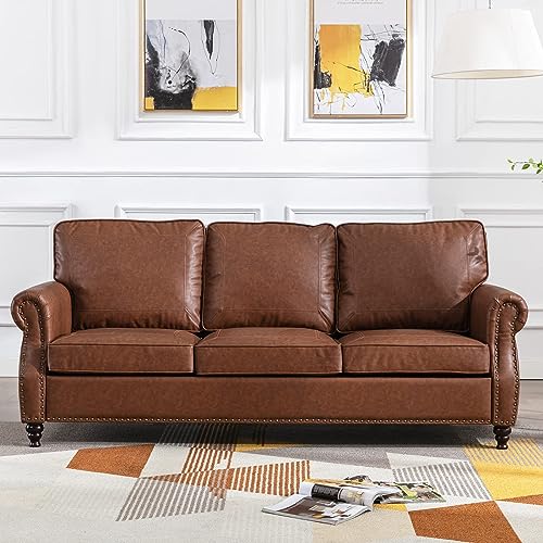 Dreamsir 79'' Traditional Faux Leather Sofa Couch with Nailhead Trim, Classic 3-Seater Couch with Rolled Arm for Living Room, Bedroom, Apartment, Easy Assembly (Coffee)