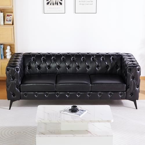 Chesterfield Sofa, Modern Faux Leather Button Tufted Accent Couch with Square Arms and Metal Legs for Living Room, Bedroom, Office, Apartment (Black)