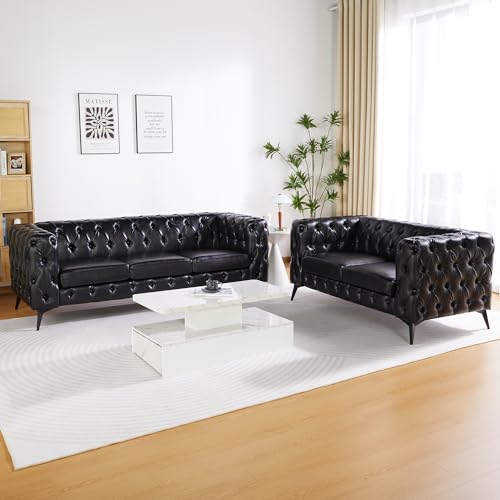 Chesterfield Sofa, Modern Faux Leather Button Tufted Accent Couch with Square Arms and Metal Legs for Living Room, Bedroom, Office, Apartment (Black)