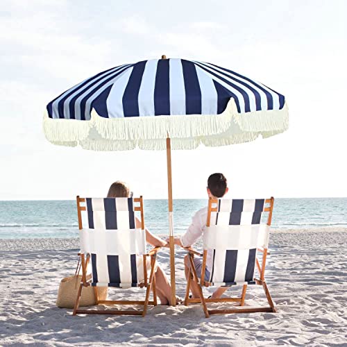 AMMSUN 7.5ft Heavy Duty Beach Umbrella with Fringe Tassel windproof UPF 50+ Blocks UV Commercial Grade White Boho Beach Umbrella with Air Vent Premium Wood Pole & Carry Bag