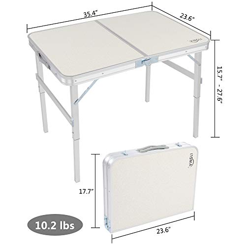 VINGLI 3FT White Folding Picnic Table with Carrying Handle Height Adjustable Lightweight Portable for Indoor Outdoor Picnic, Camping, Hiking, Fishing, BBQ