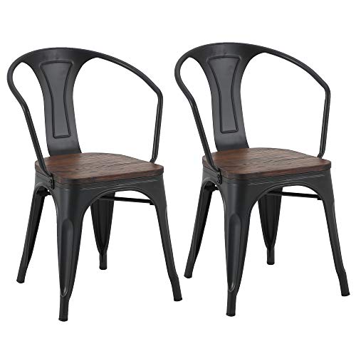 LSSBOUGHT Tolix Style Metal Dining Chair Indoor-Outdoor Use Kitchen Chairs Stackable Arm Chairs Set of 2 (Black)