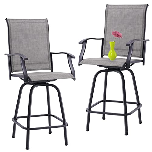 Outdoor Swivel Bar Stools, High Patio Bar Stools Textilene for Bistro Lawn Garden Backyard All Weather Furniture Set, Bar Height Patio Chairs with Armrest, Set of 2, Gray (2)