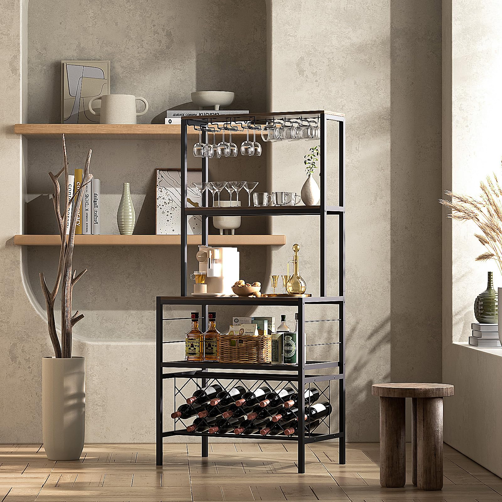 GEBAROW Wine Rack Freestanding, Metal Wine Rack, Industrial Wine Bakers Rack with LED and Sockets, Bar Cabinet with Glass Bottle Holder for Home Kitchen Dining Room, Rustic Brown