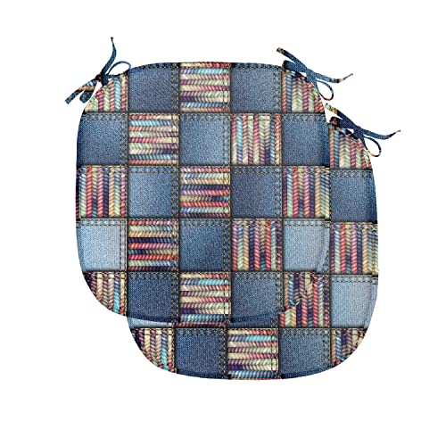Lunarable Geometric Chair Seating Cushion Set of 2, Quilt Design with Scraps of Denim and Knit Graphic Colorful Melange Print, Seat Pads for Office with Anti-Slip Backing, 16"x16", Blue Multicolor
