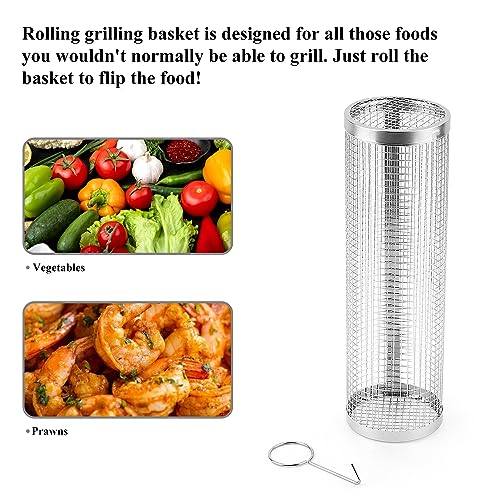 HomeEase 2pcs Round Rolling Grilling Baskets for Outdoor Grilling, Grill Baskets for Outdoor Grill for Fish, Shrimp, Meat, Vegetables, Fries (2PCS- Large)