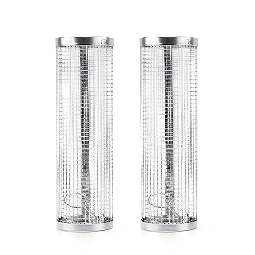 HomeEase 2pcs Round Rolling Grilling Baskets for Outdoor Grilling, Grill Baskets for Outdoor Grill for Fish, Shrimp, Meat, Vegetables, Fries (2PCS- Large)