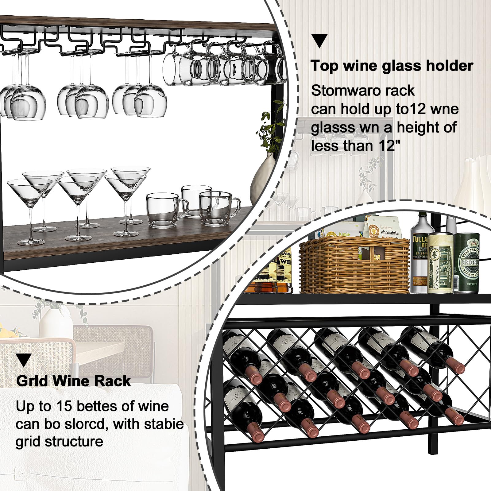 GEBAROW Wine Rack Freestanding, Metal Wine Rack, Industrial Wine Bakers Rack with LED and Sockets, Bar Cabinet with Glass Bottle Holder for Home Kitchen Dining Room, Rustic Brown
