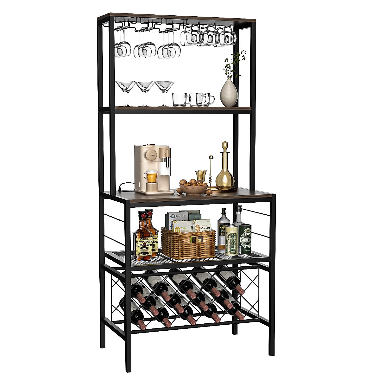 GEBAROW Wine Rack Freestanding, Metal Wine Rack, Industrial Wine Bakers Rack with LED and Sockets, Bar Cabinet with Glass Bottle Holder for Home Kitchen Dining Room, Rustic Brown