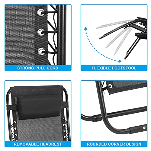 Dkeli Zero Gravity Chair, Adjustable Reclining Patio Chair with Cup Holder & Pillows Folding Lawn Chaise Outdoor Lounge Chair for Pool, Beach, Deck, Yard - Black Zero Gravity Lounge Chair