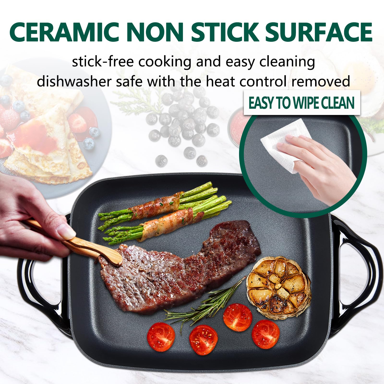 Electric Skillets Nonstick 16-Inch Extra-Large with Lids - Deep Electric Frying Pan, Adjustable Temperature, for Roast Fry Grill Stew Bake Make Casseroles and More, Black