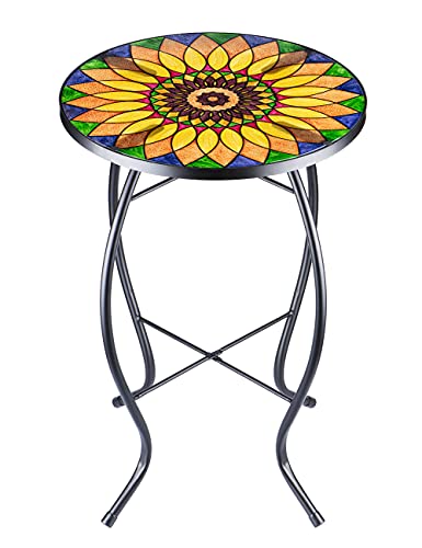 VCUTEKA Outdoor Side Table Mosaic End Table Patio Side Table Small End Table Glass Top Round Balcony Coffee Table Porch Indoor Glass Top
