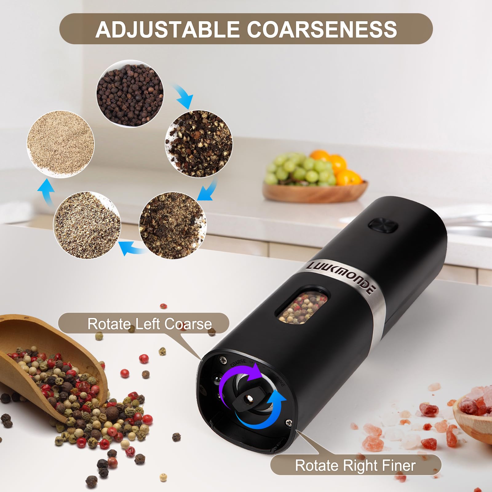 LUUKMONDE Electric Salt and Pepper Grinder, Salt and Pepper Kitchen Grinders, Battery Operated Automatic Pepper Mill Grinder with LED Light, Adjustable Coarseness, One Hand Operation