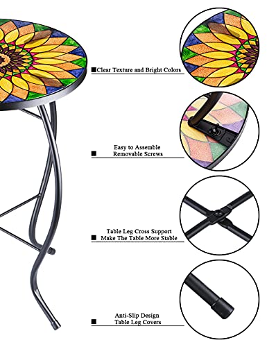 VCUTEKA Outdoor Side Table Mosaic End Table Patio Side Table Small End Table Glass Top Round Balcony Coffee Table Porch Indoor Glass Top