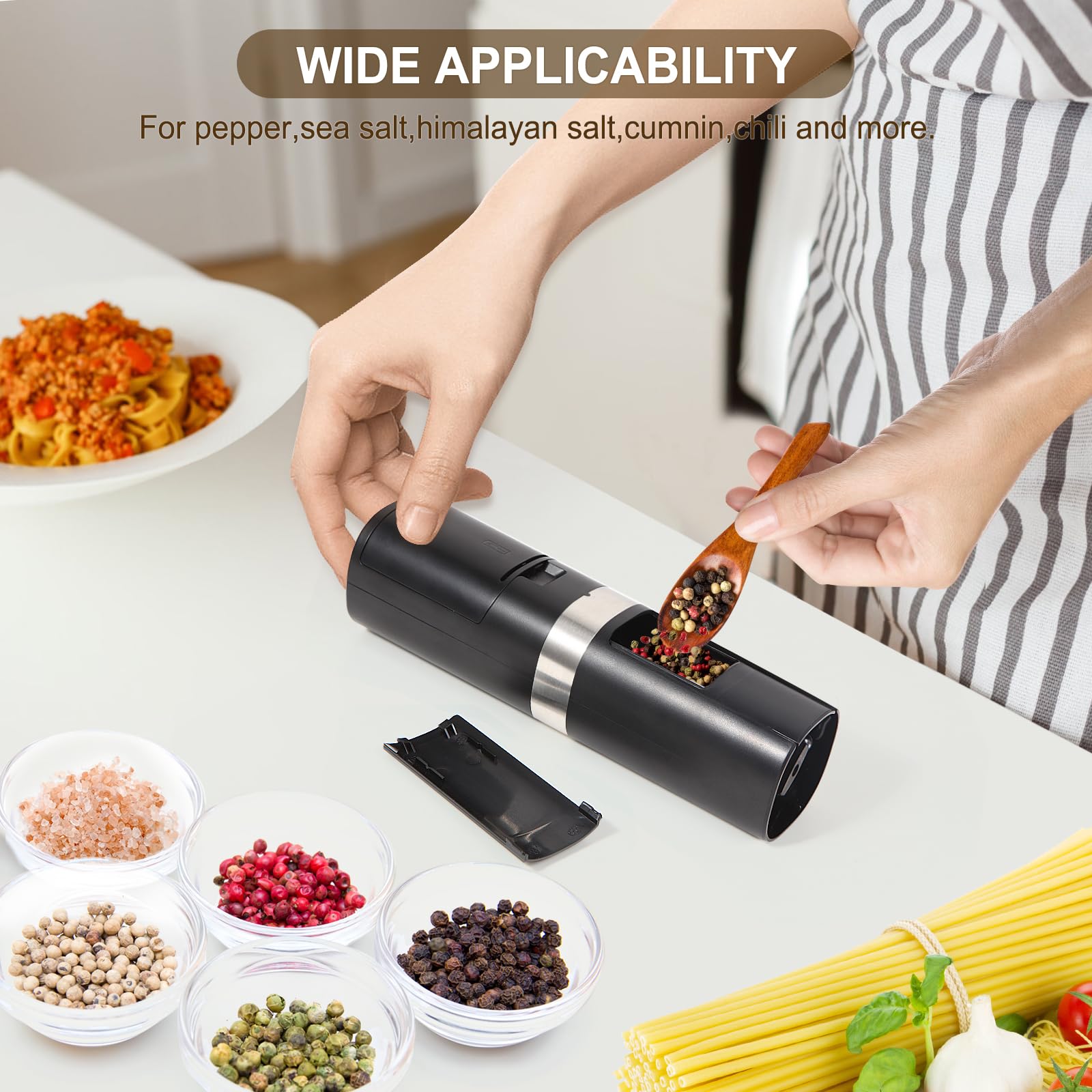 LUUKMONDE Electric Salt and Pepper Grinder, Salt and Pepper Kitchen Grinders, Battery Operated Automatic Pepper Mill Grinder with LED Light, Adjustable Coarseness, One Hand Operation