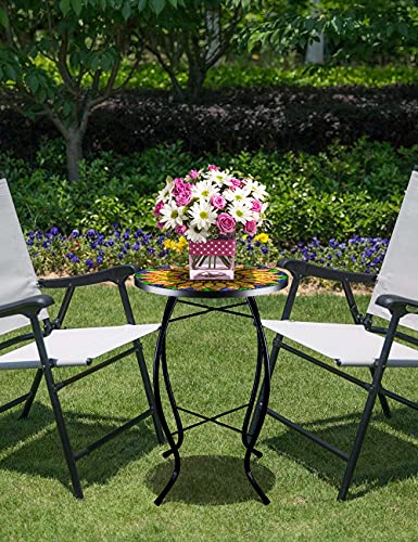 VCUTEKA Outdoor Side Table Mosaic End Table Patio Side Table Small End Table Glass Top Round Balcony Coffee Table Porch Indoor Glass Top