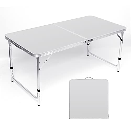 Moosinily Folding Camping Table, 4 Ft Aluminum Folding Table, Picnic tablee with Handle, Adjustable Portable Camp Table for Picnic, BBQ, Party, Beach/White