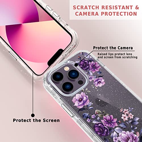 ACKETBOX for iPhone 14 Pro Max Case with Screen Protector + Camera Lens Protector and Ring Bracket,PC Back Case + Front Cover and TPU Phone Case Cover for iPhone 14 Pro Max (Flower-02)