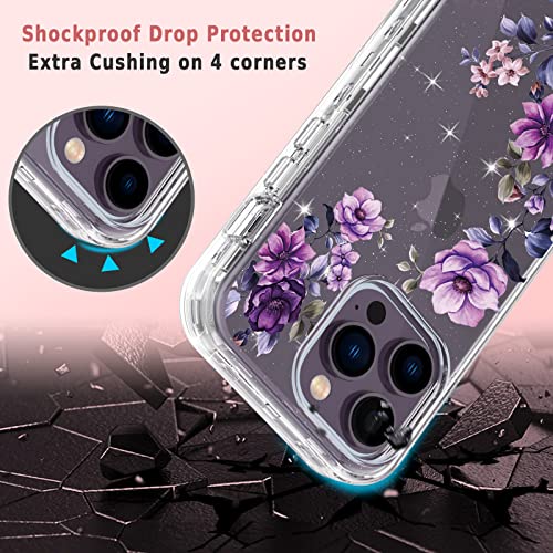 ACKETBOX for iPhone 14 Pro Max Case with Screen Protector + Camera Lens Protector and Ring Bracket,PC Back Case + Front Cover and TPU Phone Case Cover for iPhone 14 Pro Max (Flower-02)