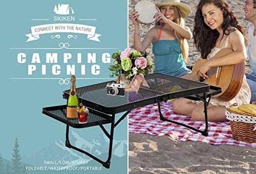 SKIKEN Small Low Camping Table with Wing Panels, Folding Low Picnic Table, Sturdy Steel Mesh Outdoor Table, Waterproof and Heat Resistant, Aluminum (3ft, Black)