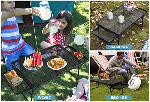 SKIKEN Small Low Camping Table with Wing Panels, Folding Low Picnic Table, Sturdy Steel Mesh Outdoor Table, Waterproof and Heat Resistant, Aluminum (3ft, Black)