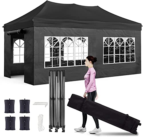 JOINATRE S-69 10'x20' Heavy Duty Pop Up Canopy Tent, Commercial Instant Canopy with Sidewalls, Outdoor Canopy Tent with 4 Sand Bags & Roller Bag, Waterproof Tent for Patio, Backyard, Garden, Black