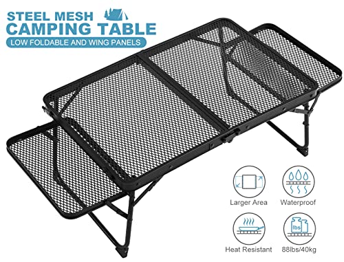 SKIKEN Small Low Camping Table with Wing Panels, Folding Low Picnic Table, Sturdy Steel Mesh Outdoor Table, Waterproof and Heat Resistant, Aluminum (3ft, Black)